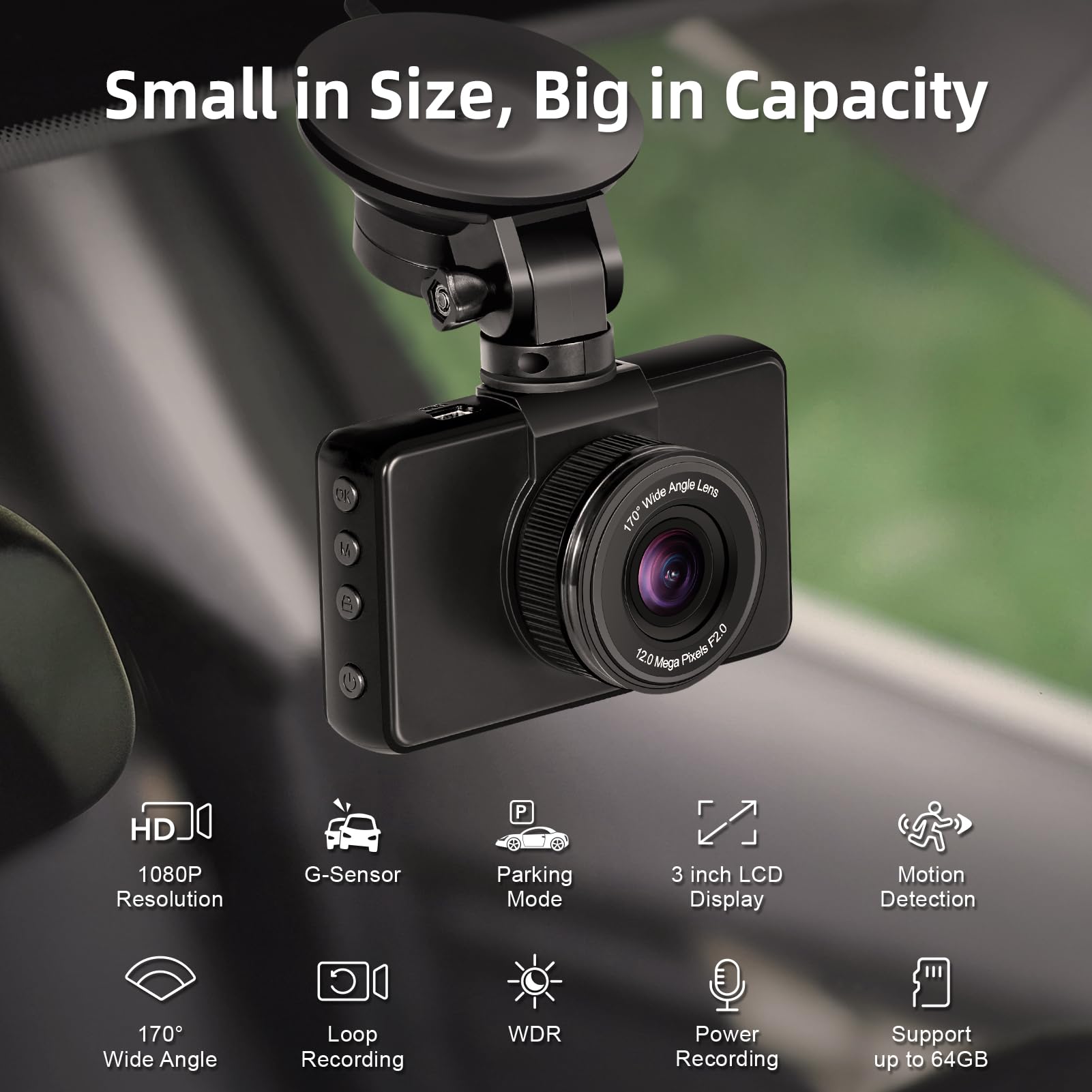 REIZIX Dash Cam 1080P Full HD, 64G SD Card, On-Dashboard Camera Video Recorder Dashcam for Cars with 3" IPS LCD Display, Night Vision, WDR, Motion Detection, Parking Mode, G-Sensor, 170° Wide Angle