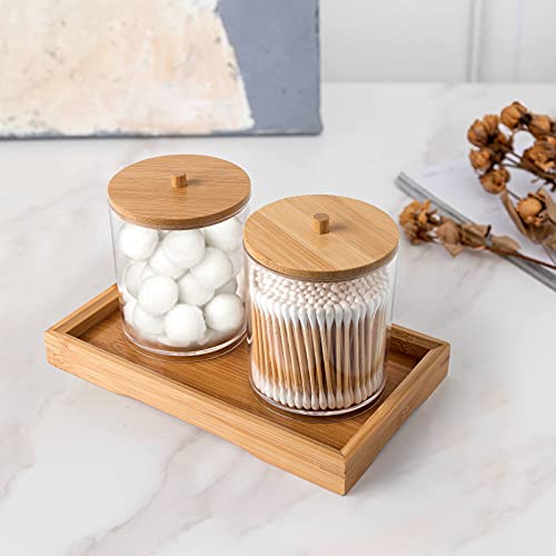 COSMARK 2 Pack Acrylic Qtip Holder Apothecary Jars with Bamboo Lids for Cotton Ball Pad Round Swab