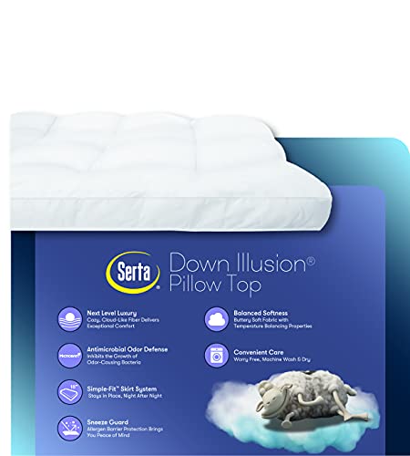 SERTA Down Illusion Soft Hypoallergenic 2 inch Pillowtop Simple Fit Mattress Topper, King, White