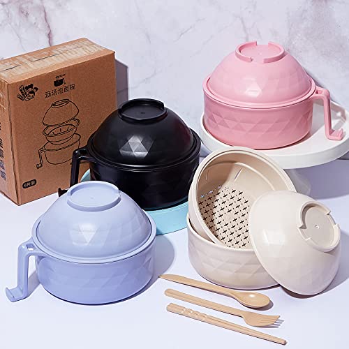 4 Set Microwave Ramen Cooker Instant Noodles Bowl 33 Oz Ramen Noodle Bowl with Lid and Handle Microwave Ramen Bowl with Forks Spoons Chopsticks for Kitchen Home