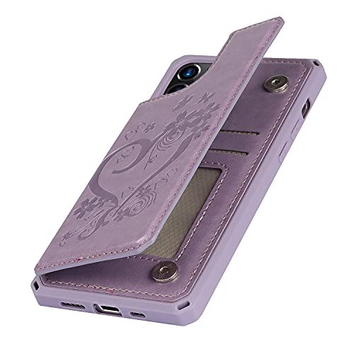 iCoverCase for iPhone 12 Pro Max Wallet Case with Card Slots Holder and Wrist Strap [RFID Blocking] Embossed Leather Kickstand Magnetic Clasp Shockproof Cover 6.7 Inch (Heart Purple)