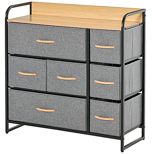 HOMCOM 7-Drawer Dresser, Fabric Chest of Drawers, 3-Tier Storage Organizer for Bedroom Entryway, Tower Unit with Steel Frame Wooden Top, Light Grey