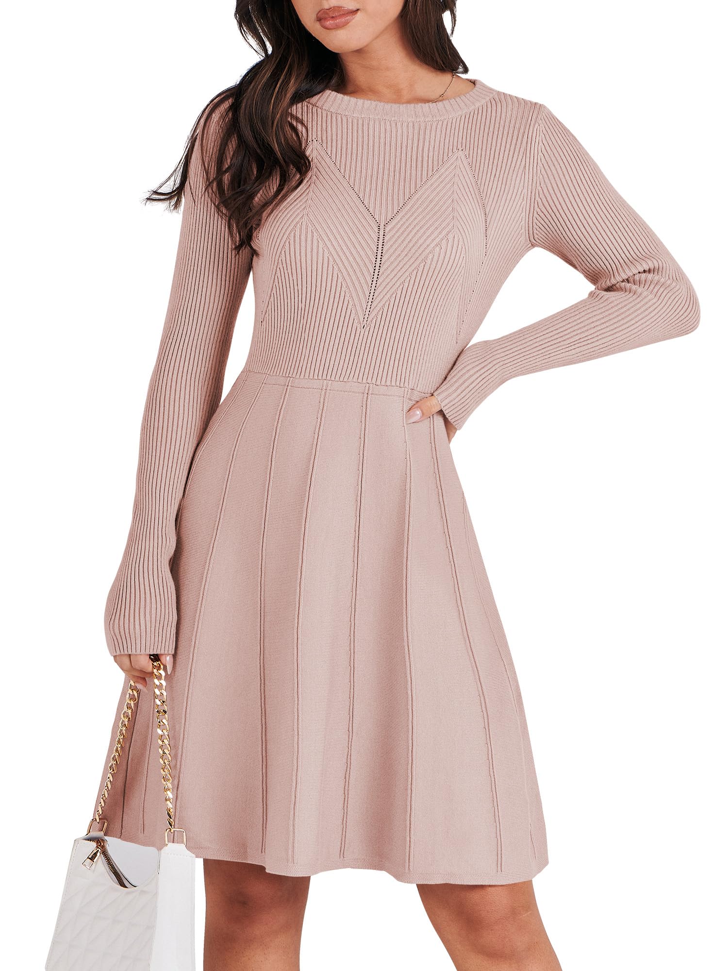 ANRABESS Women Midi Sweater Dress Long Sleeve Crewneck High Waist Casual A-Line Pleated Dresses Pink Small