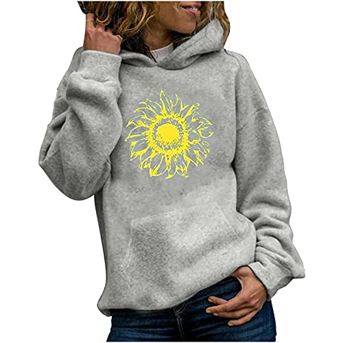 Women's Casual Hoodies Jumper Tops Sunflower Graphic Printed Sweatshirt Hooded Pullover with Pockets Gray
