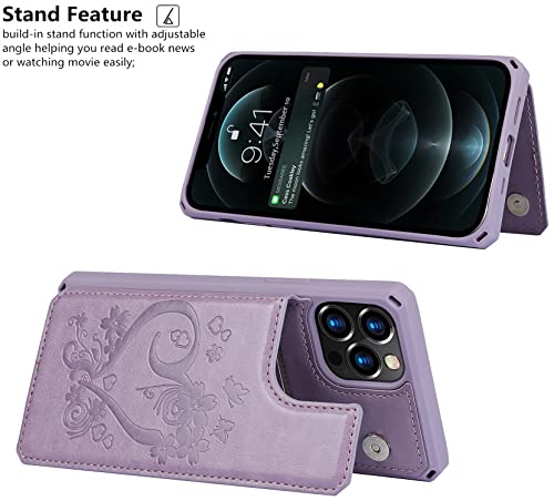 iCoverCase for iPhone 12 Pro Max Wallet Case with Card Slots Holder and Wrist Strap [RFID Blocking] Embossed Leather Kickstand Magnetic Clasp Shockproof Cover 6.7 Inch (Heart Purple)