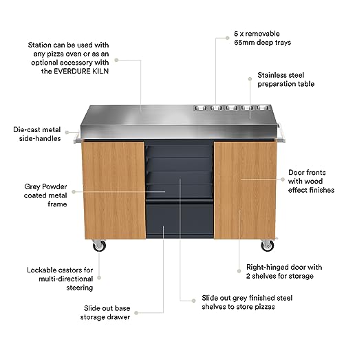Everdure Pizza Oven Station - Preparation Cart with Stainless Steel Countertop, Four Slide Out Shelves, On Wheels for Portability