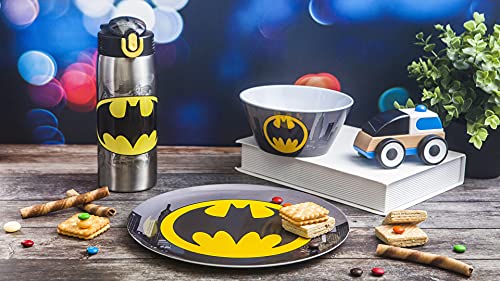 Zak Designs DC Comics Dinnerware 3 Piece Set Includes Plate, Bowl, and Water Bottle, Non-BPA, Made of Durable Material and Perfect for Fans (18/8 Stainless Steel, Batman)
