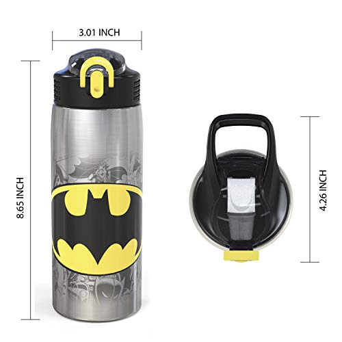 Zak Designs DC Comics Dinnerware 3 Piece Set Includes Plate, Bowl, and Water Bottle, Non-BPA, Made of Durable Material and Perfect for Fans (18/8 Stainless Steel, Batman)