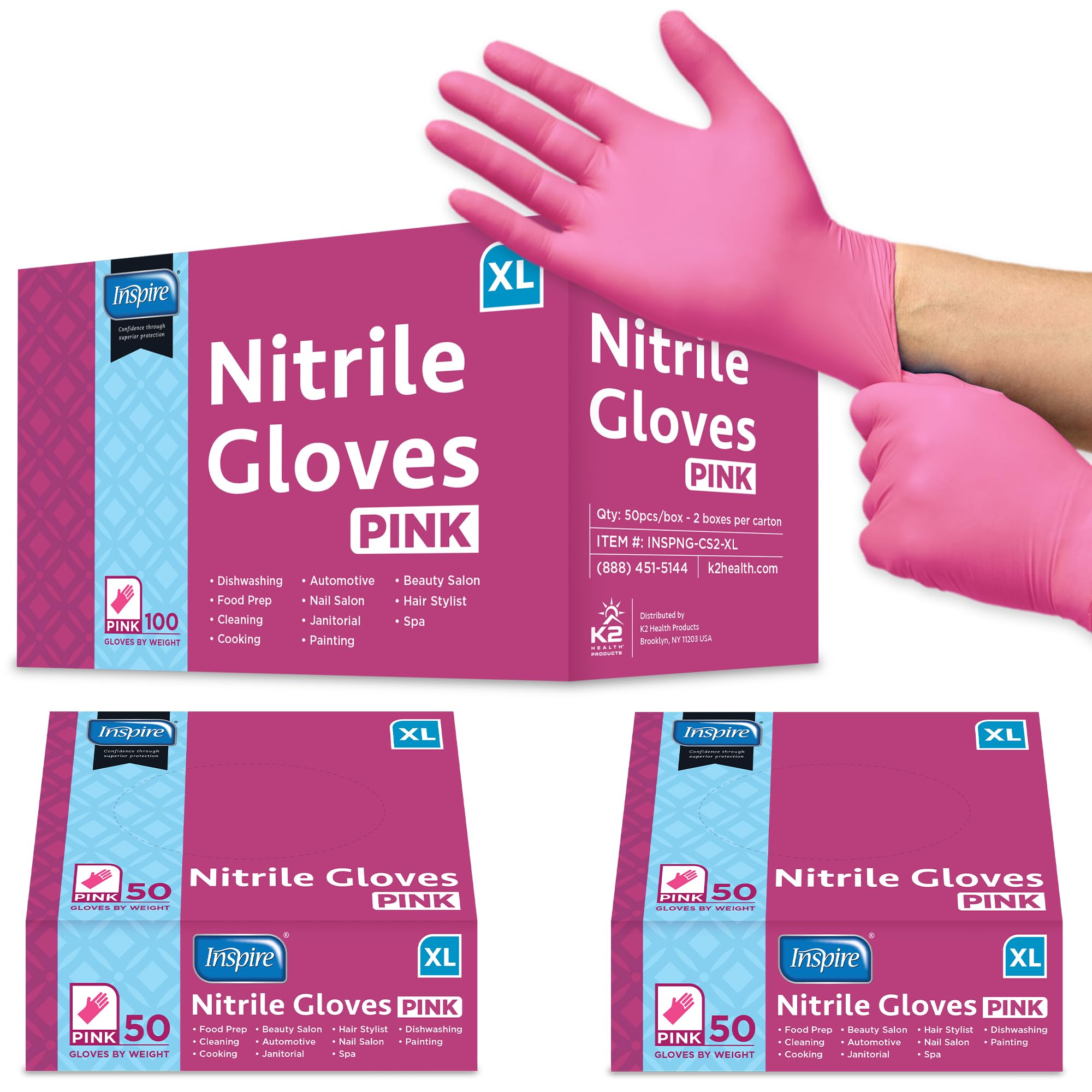 Inspire Pink Disposable Latex Free Nitrile Gloves - 2 Pack Value | Nail Salon & Hair Dye Gloves | Large