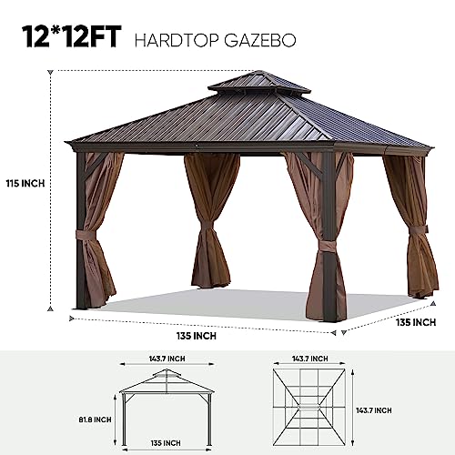 Aluminum Outdoor Gazebo with Steel Permanent Hardtop Canopy Shelter Pavilion Including Netting for Patio, Garden, Lawn Backyard (12'x12' Brown)
