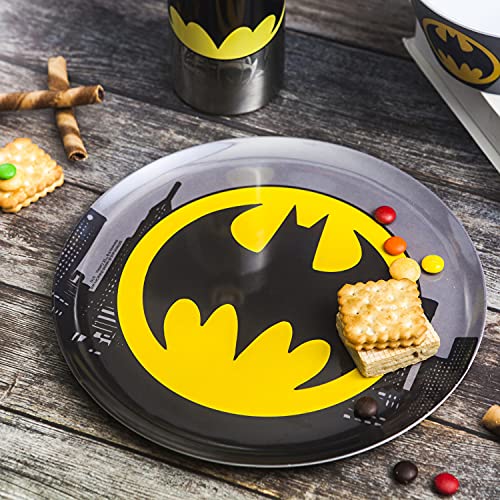 Zak Designs DC Comics Dinnerware 3 Piece Set Includes Plate, Bowl, and Water Bottle, Non-BPA, Made of Durable Material and Perfect for Fans (18/8 Stainless Steel, Batman)