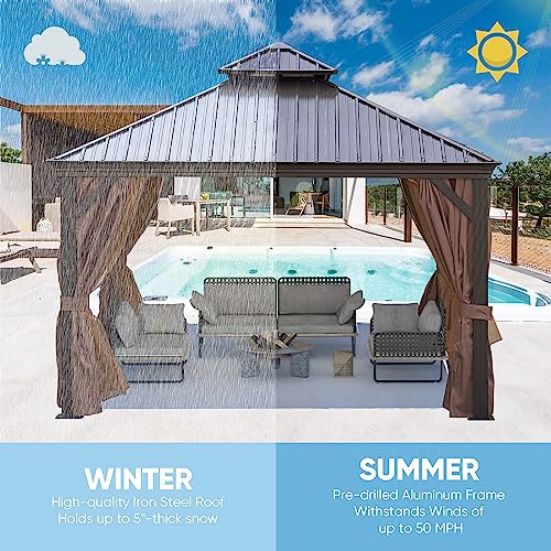 Aluminum Outdoor Gazebo with Steel Permanent Hardtop Canopy Shelter Pavilion Including Netting for Patio, Garden, Lawn Backyard (12'x12' Brown)