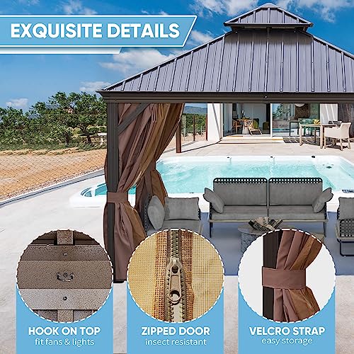 Aluminum Outdoor Gazebo with Steel Permanent Hardtop Canopy Shelter Pavilion Including Netting for Patio, Garden, Lawn Backyard (12'x12' Brown)