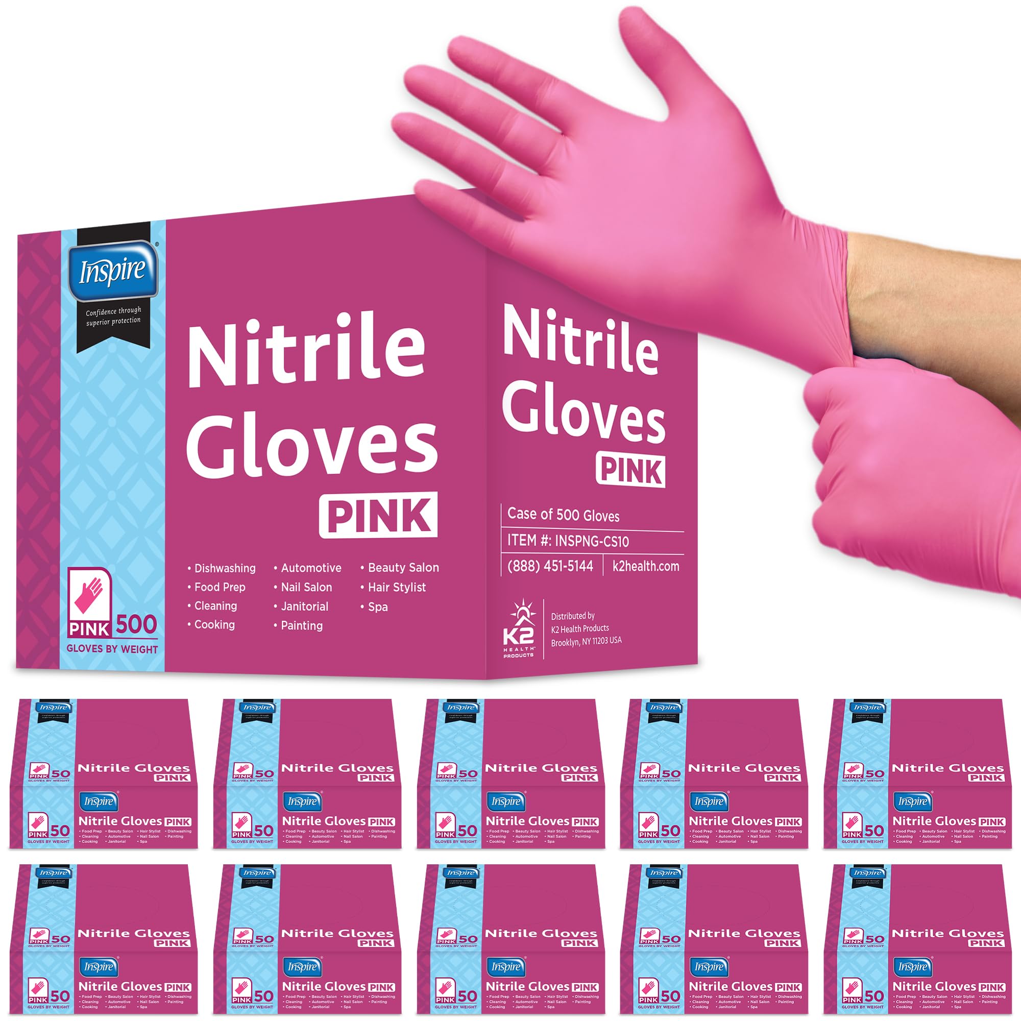 Inspire Pink Disposable Latex Free Nitrile Gloves - 2 Pack Value | Nail Salon & Hair Dye Gloves | Large