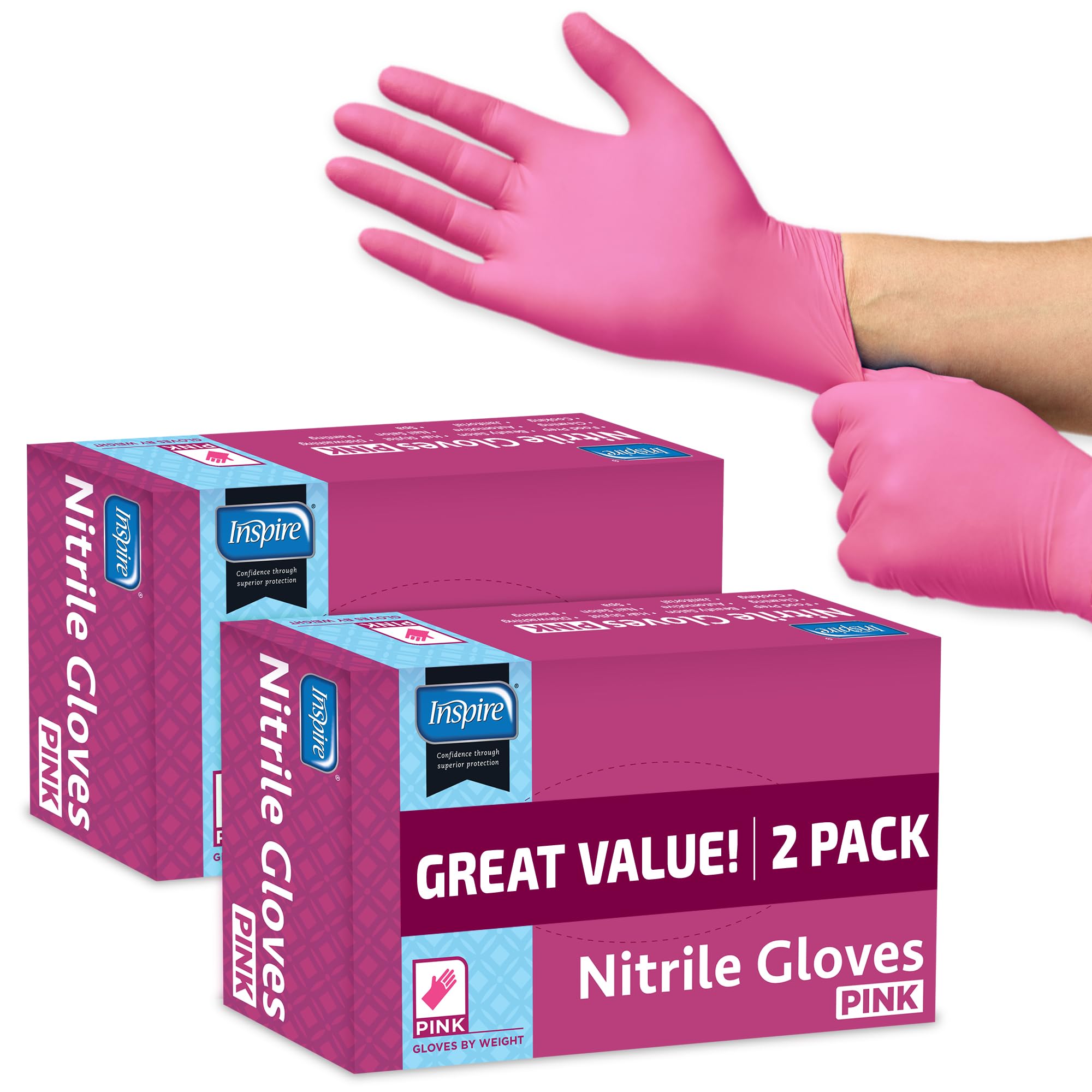 Inspire Pink Disposable Latex Free Nitrile Gloves - 2 Pack Value | Nail Salon & Hair Dye Gloves | Large