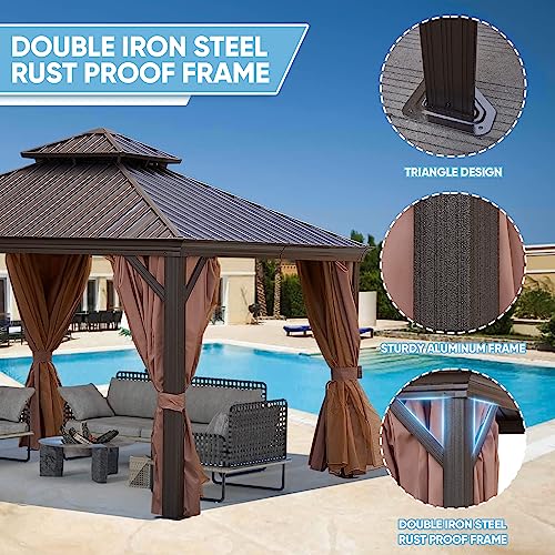 Aluminum Outdoor Gazebo with Steel Permanent Hardtop Canopy Shelter Pavilion Including Netting for Patio, Garden, Lawn Backyard (12'x12' Brown)
