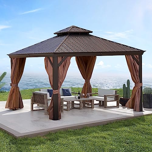 Aluminum Outdoor Gazebo with Steel Permanent Hardtop Canopy Shelter Pavilion Including Netting for Patio, Garden, Lawn Backyard (12'x12' Brown)