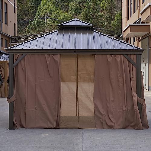 Aluminum Outdoor Gazebo with Steel Permanent Hardtop Canopy Shelter Pavilion Including Netting for Patio, Garden, Lawn Backyard (12'x12' Brown)