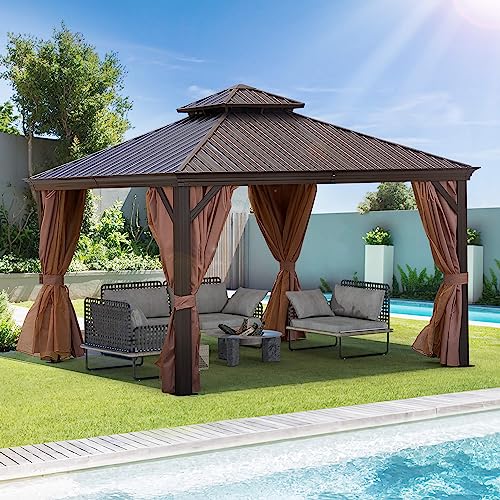 Aluminum Outdoor Gazebo with Steel Permanent Hardtop Canopy Shelter Pavilion Including Netting for Patio, Garden, Lawn Backyard (12'x12' Brown)