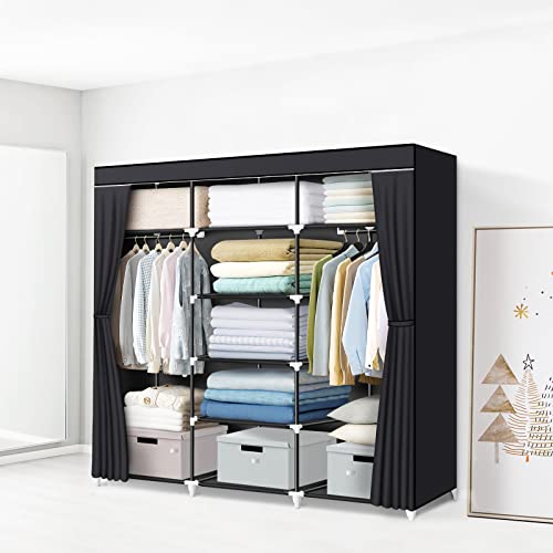 LOKEME Portable Closet, 55.5 Inch Wardrobe Closet for Hanging Clothes with 2 Hanging Rods, 9 Clothes Storage Organizer Shelves, Black Closet Extra Durable, Quick and Easy to Assemble