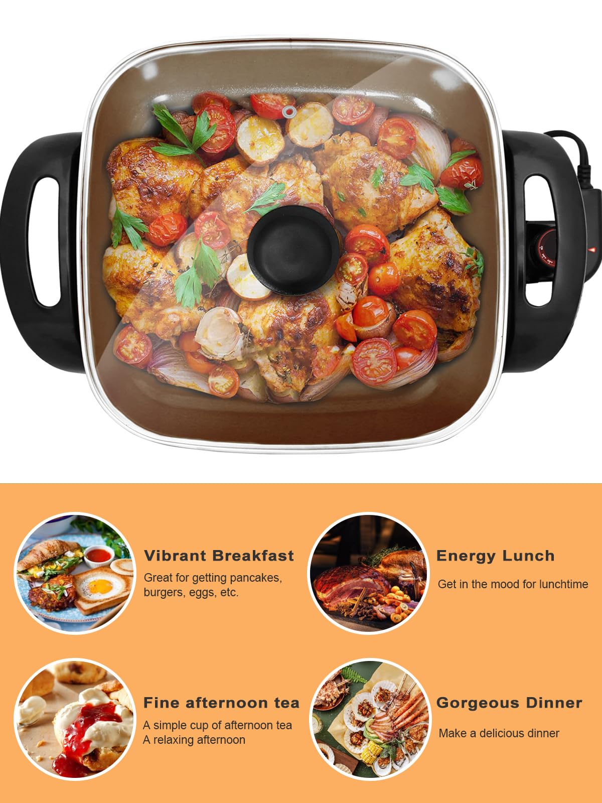 Electric Skillet Nonstick Extra Large - Serves For 6 People Ceramic Electric Frying Pan With Lid, Dishwasher Safe, Rapid Heat Up, 1200W, 6QT, Dark Grey