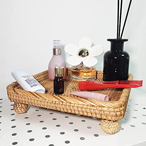 9 Inch Rattan Serving Basket, Square Woven Bowl with 1”Side and Pedestal Stand, Flat Wicker Decorative Snack Basket Trays for Bread, Fruit, Keys, Candy Dish, Rustic Platter, Display Riser, Exxacttorch