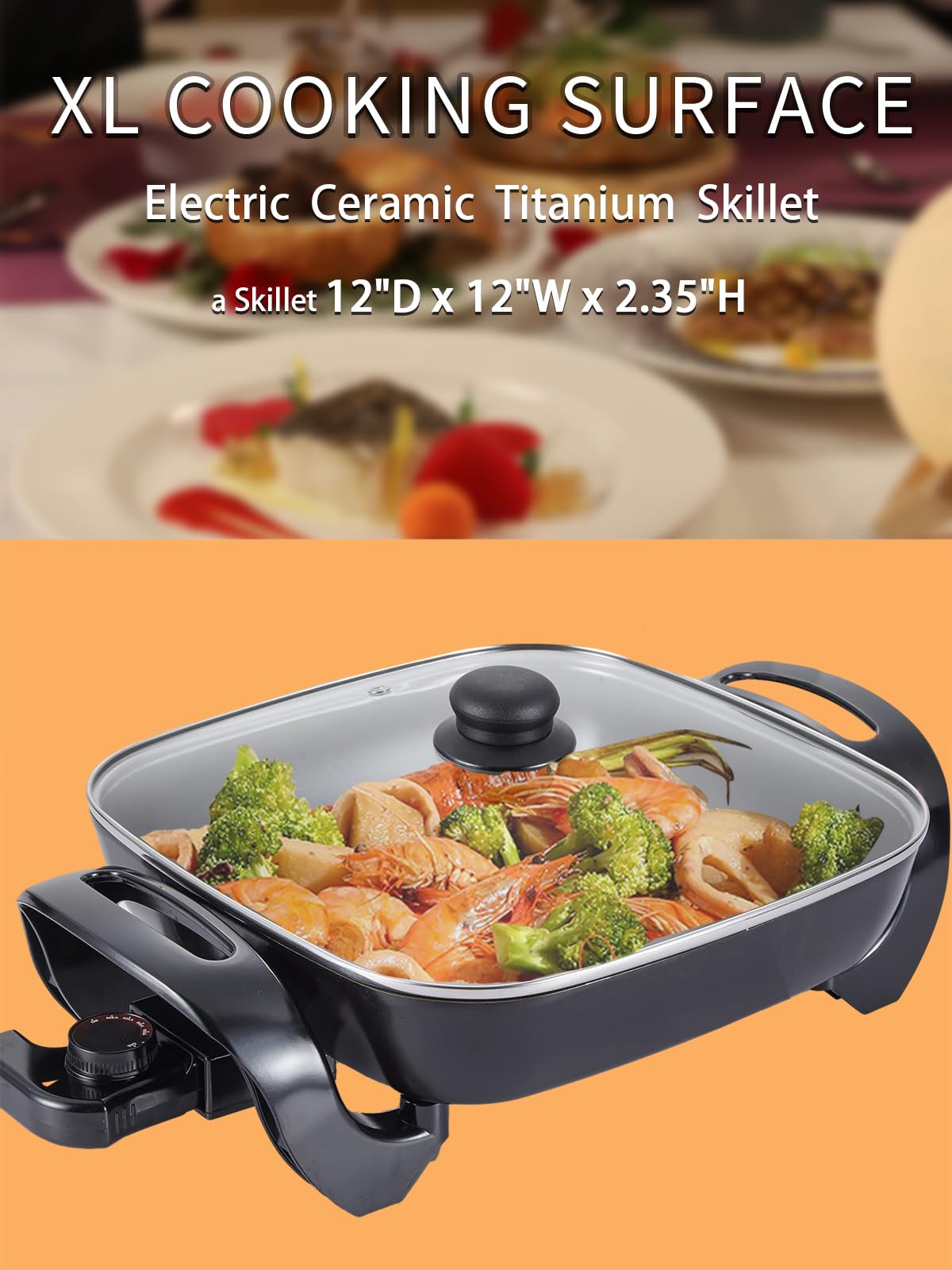 Electric Skillet Nonstick Extra Large - Serves For 6 People Ceramic Electric Frying Pan With Lid, Dishwasher Safe, Rapid Heat Up, 1200W, 6QT, Dark Grey