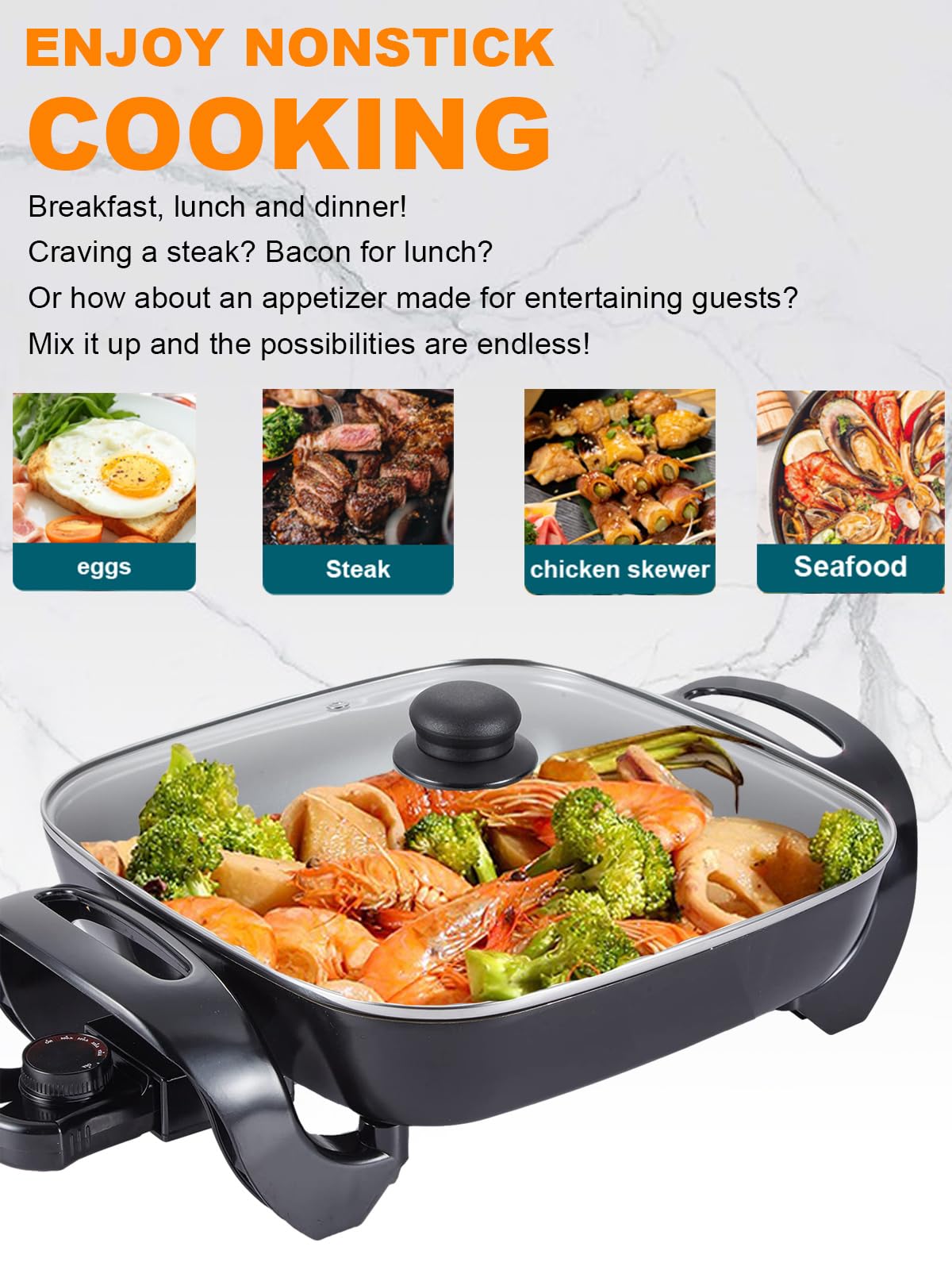 Electric Skillet Nonstick Extra Large - Serves For 6 People Ceramic Electric Frying Pan With Lid, Dishwasher Safe, Rapid Heat Up, 1200W, 6QT, Dark Grey