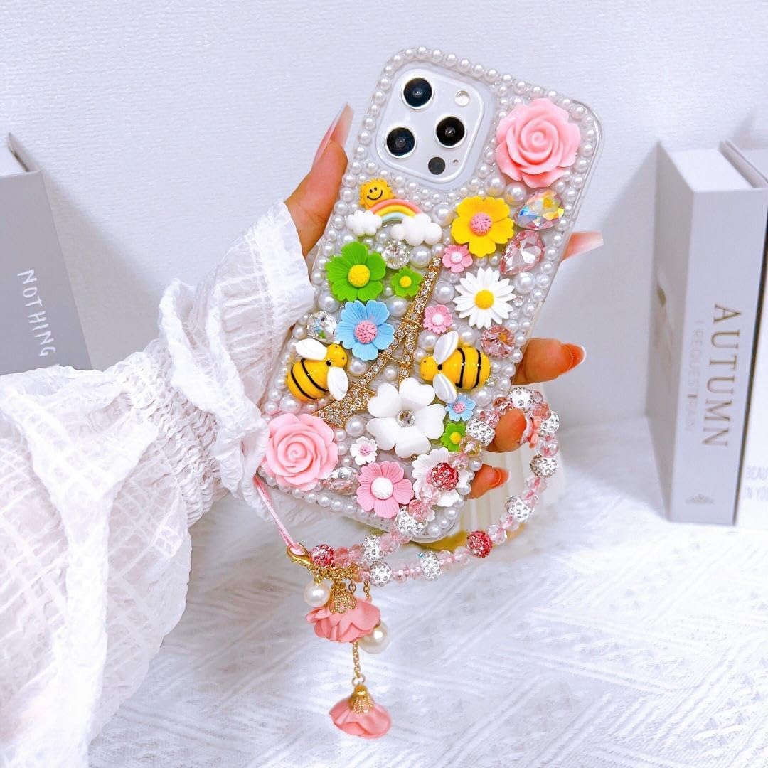 redecarie for Samsung Galaxy S9 Plus Bling Glitter Case,Shiny Diamond Luxury Crystal Rhinestone Cute Bee Rainbow Tower Pearl 3D Handmade Women Girls Protective Cover with Bracelet Lanyard