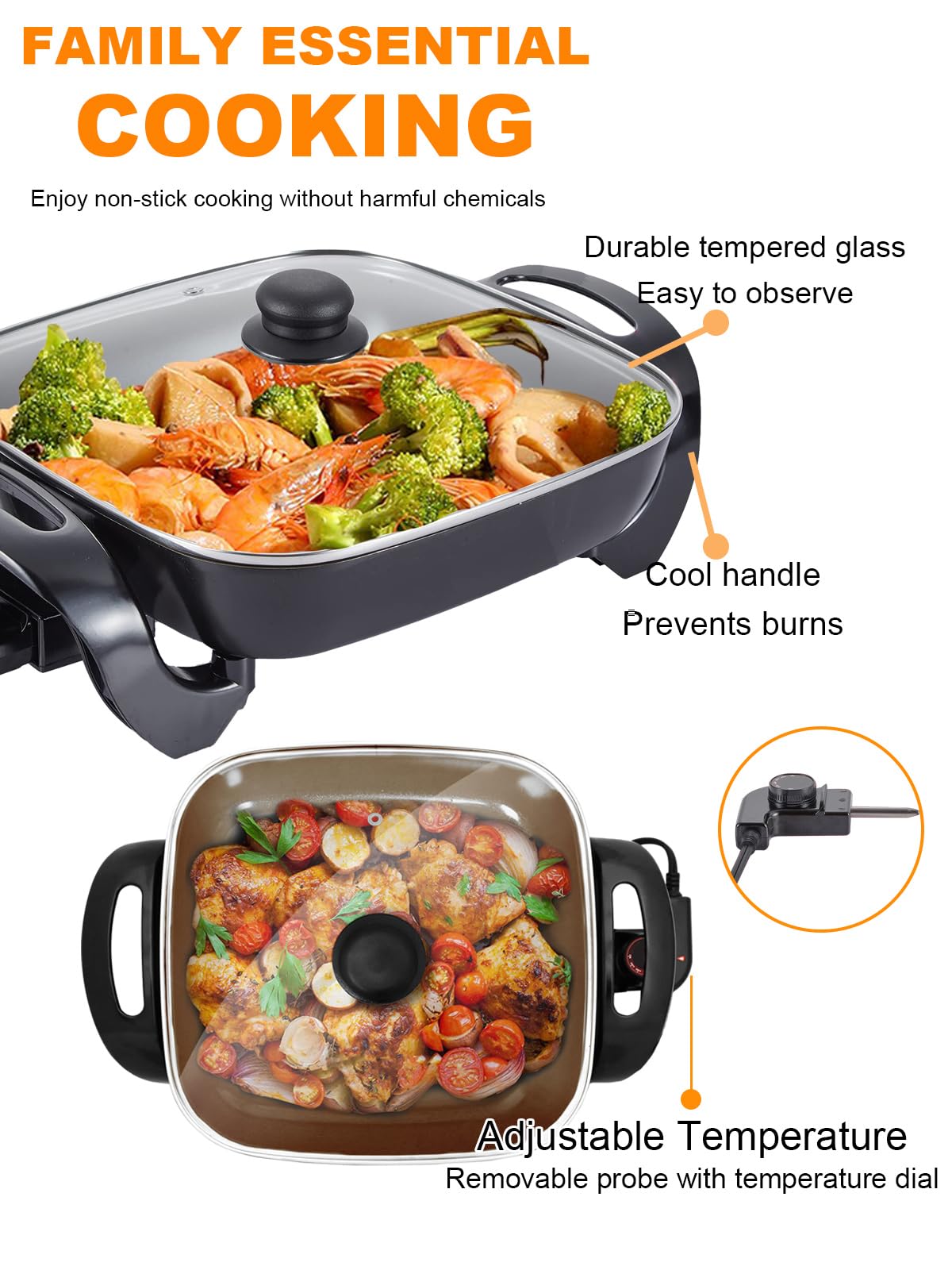 Electric Skillet Nonstick Extra Large - Serves For 6 People Ceramic Electric Frying Pan With Lid, Dishwasher Safe, Rapid Heat Up, 1200W, 6QT, Dark Grey