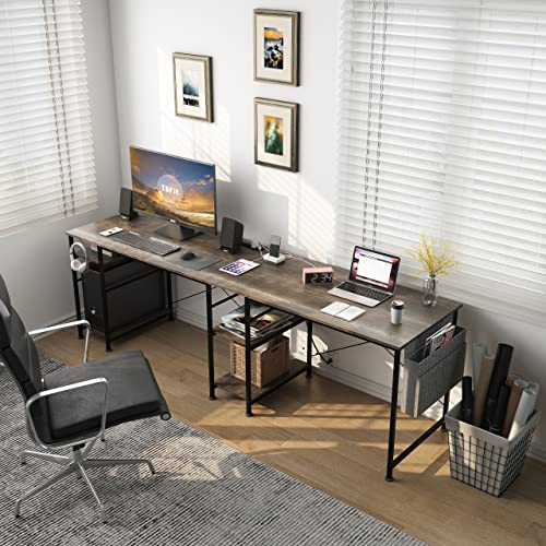Tbfit L ShapedDesk with Storage Shelves,95.2 Inch Reversible Coner Desk Office Desk for Small Space,Large Computer Gaming Desk Workstation with Power Outlet,2 Person Long Writing Study Table(Gray) …
