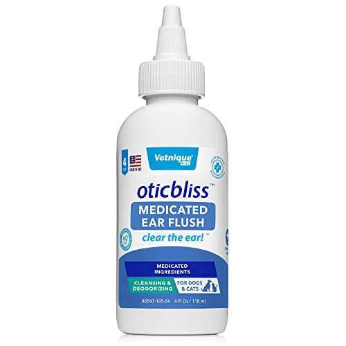 Vetnique Labs Oticbliss Ear Cleaner Wipes/Flushes for Dogs & Cats with Odor Control and Itch Relief Reduces Head Shaking - Clear The Ear (Ear Cleaning Flush, Medicated 4oz)
