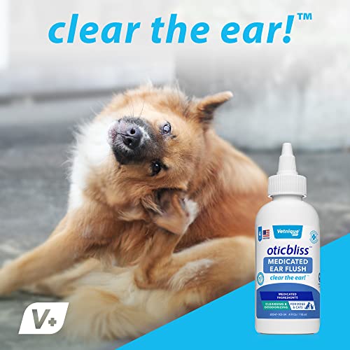 Vetnique Labs Oticbliss Ear Cleaner Wipes/Flushes for Dogs & Cats with Odor Control and Itch Relief Reduces Head Shaking - Clear The Ear (Ear Cleaning Flush, Medicated 4oz)