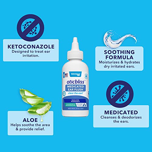 Vetnique Labs Oticbliss Ear Cleaner Wipes/Flushes for Dogs & Cats with Odor Control and Itch Relief Reduces Head Shaking - Clear The Ear (Ear Cleaning Flush, Medicated 4oz)