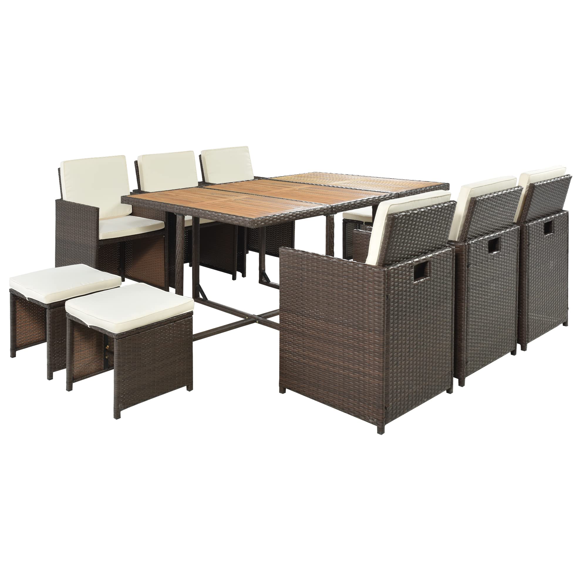EMKK 11-Piece Patio All-Weather PE Wicker Dining Table Wood Tabletop for 10, Rattan Sectional Sofa Conversation Furniture Set w/Ottoman,Cushion, Brown