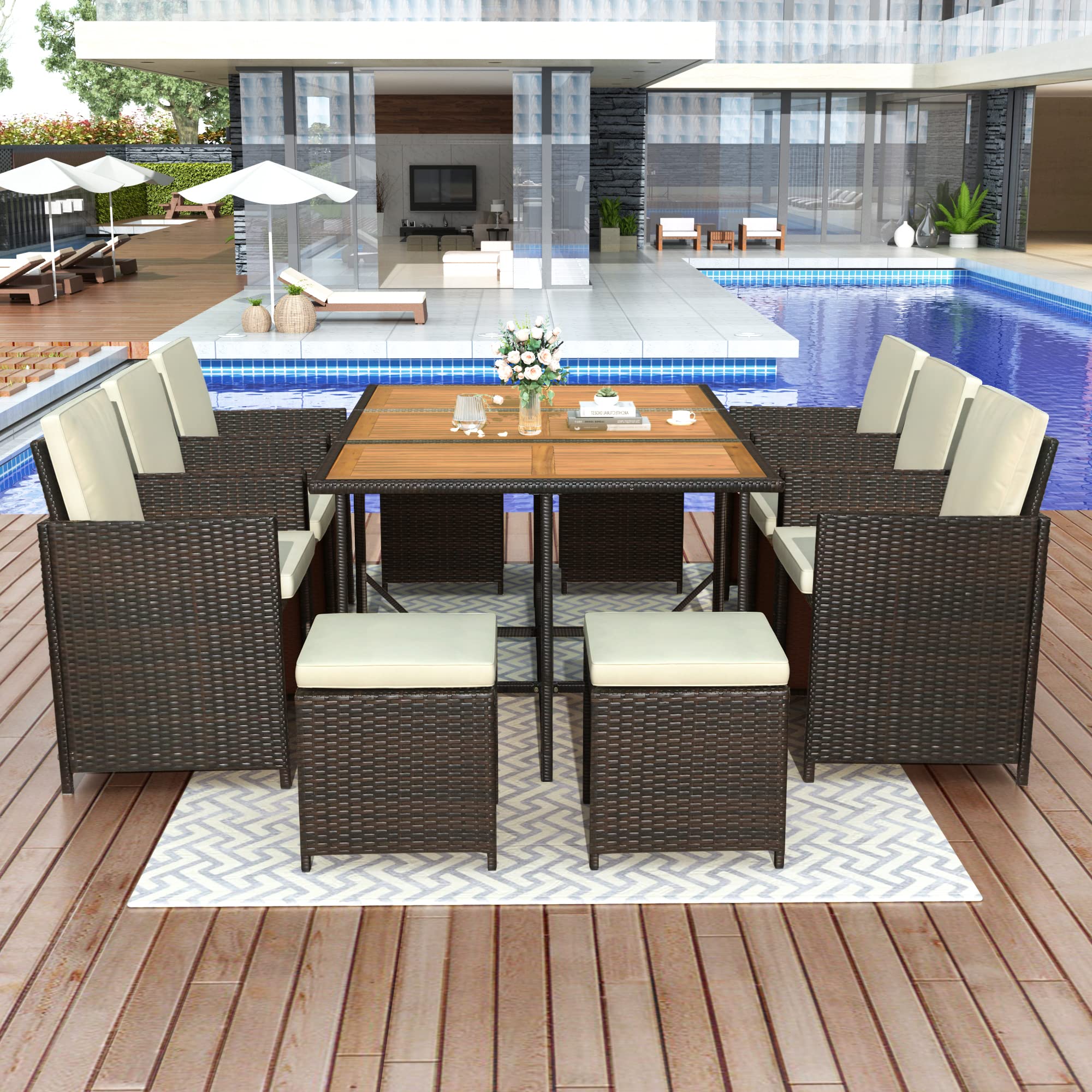 EMKK 11-Piece Patio All-Weather PE Wicker Dining Table Wood Tabletop for 10, Rattan Sectional Sofa Conversation Furniture Set w/Ottoman,Cushion, Brown