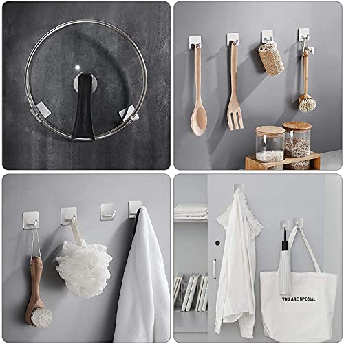 Heavy Duty Adhesive Hooks, Stick on Wall Adhesive Hangers, Strong Stainless Steel Holder, Self Adhesive Hooks for Kitchen Bathroom Home Door Towel Coat Key Robe 4 Packs (Silver)