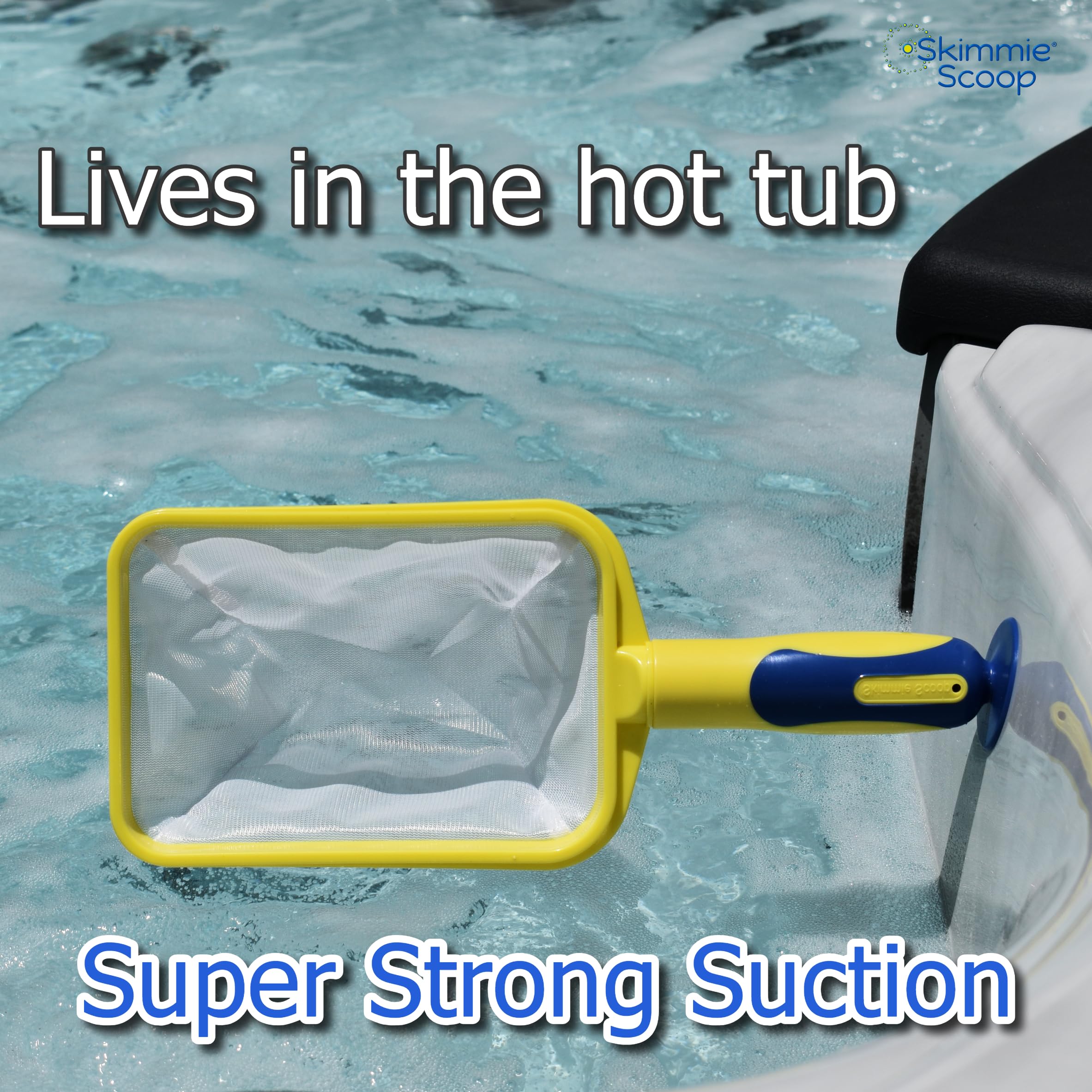 The Skimmie Scoop - Patented Handheld Skimmer with Fine Mesh Net for Spa, Hot Tub, Cold Plunge and Small Pool Cleaning - Lightweight and Durable with Powerful Suction Cup - Clean Out Filter (Yellow)