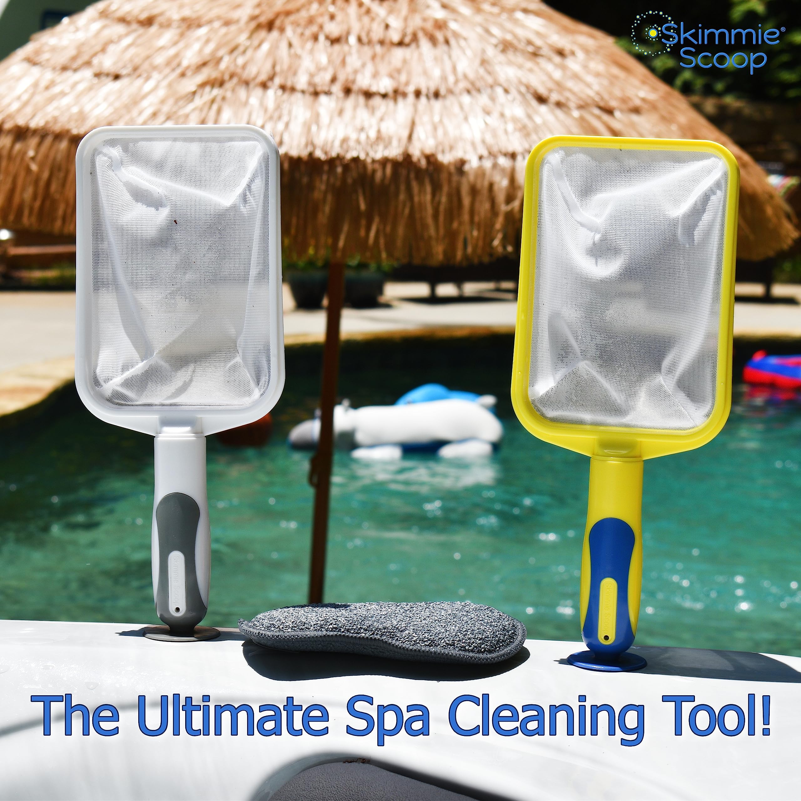 The Skimmie Scoop - Patented Handheld Skimmer with Fine Mesh Net for Spa, Hot Tub, Cold Plunge and Small Pool Cleaning - Lightweight and Durable with Powerful Suction Cup - Clean Out Filter (Yellow)