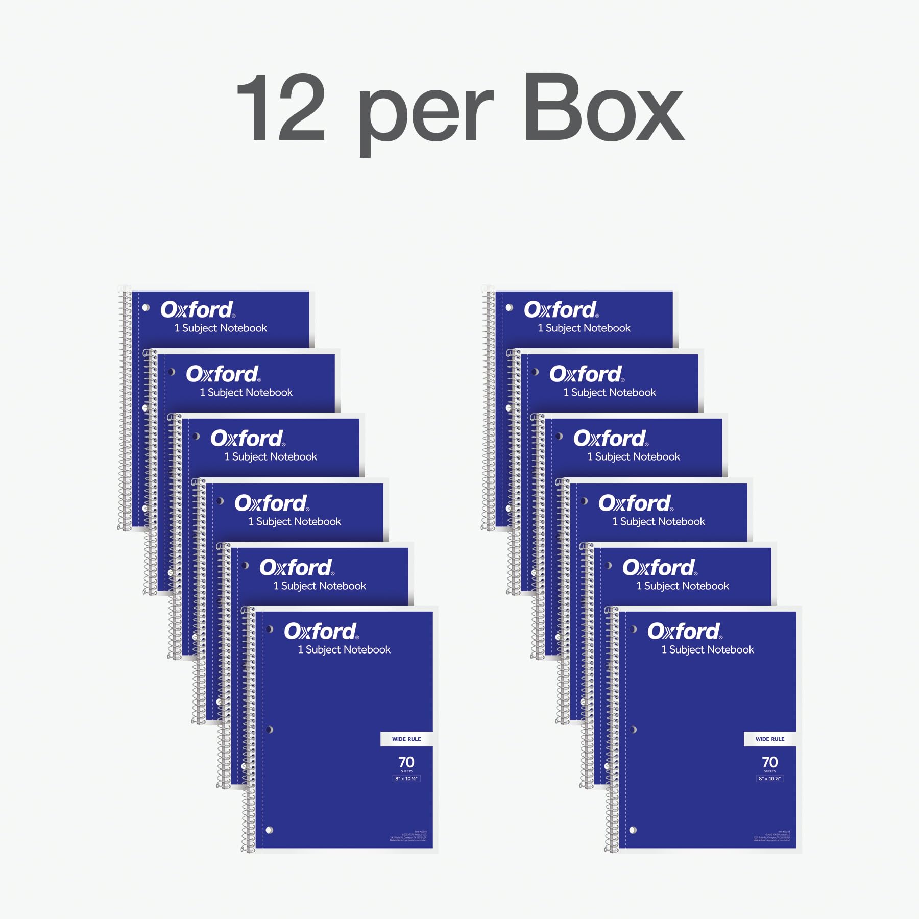 Oxford Spiral Notebook 12 Pack, Bulk College Ruled Spiral Notebooks for School, 1 Subject Journal For School, Wide Ruled Paper, 8 x 10-1/2 Inch, Blue Covers, 70 Perforated Lined Sheets (65218)