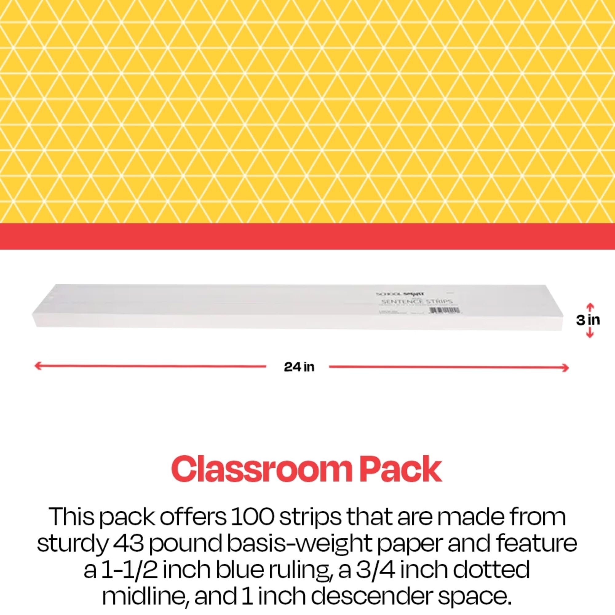 School Smart Ruled Sentence Strips, 3 x 24 Inches, White, Pack of 100,6471