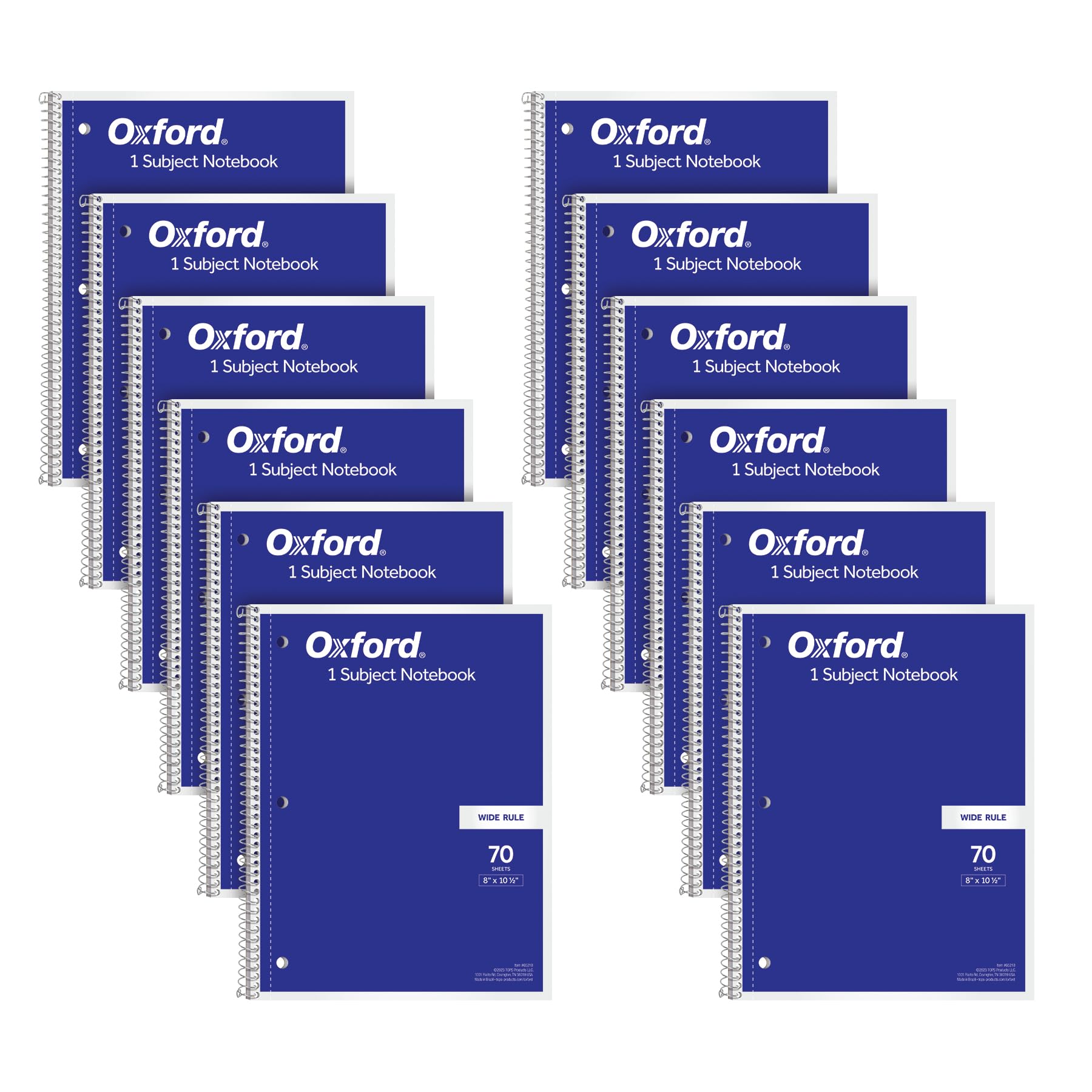 Oxford Spiral Notebook 12 Pack, Bulk College Ruled Spiral Notebooks for School, 1 Subject Journal For School, Wide Ruled Paper, 8 x 10-1/2 Inch, Blue Covers, 70 Perforated Lined Sheets (65218)