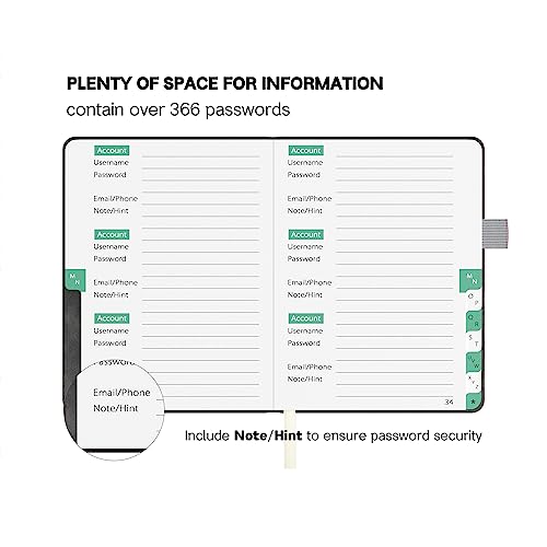 QSSRWNAO Password Book with Alphabetical Tabs, Leather Hardcover Password Notebook, Password Keeper Internet Password & Address Organizer Logbook for Website Logins, B6 Size,Pen Loop (Grey)