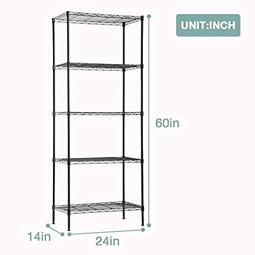 PayLessHere 14" D×24" W×60" H Wire Shelving Unit Metal Commercial Shelf with 5 Tier Layer Rack Strong Steel for Restaurant Garage Pantry Kitchen Garage,Black