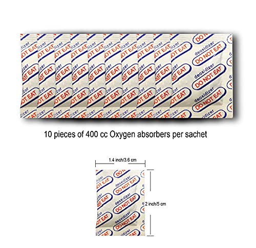 400cc X 100 count Oxygen Absorbers - 10 packs individually vacuumed and sealed in 10 Food grade packets For Long Term Food Storage.