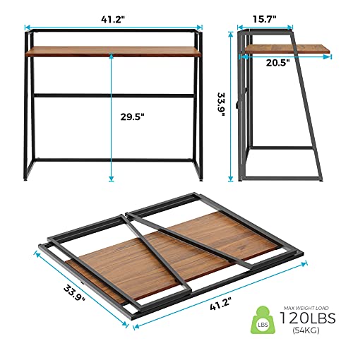 41 Inch Small Walnut & Black Folding Computer Desk, Sturdy Heavy Duty Foldable Table for Small Spaces Home Office Bedroom Outdoor Work Study Writing Collapsible Portable with Metal Legs, EPA Certified