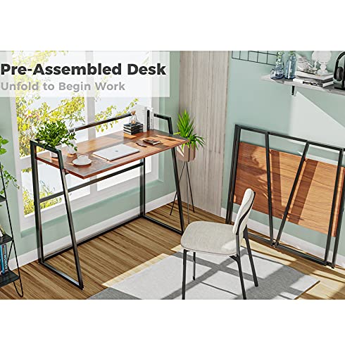 41 Inch Small Walnut & Black Folding Computer Desk, Sturdy Heavy Duty Foldable Table for Small Spaces Home Office Bedroom Outdoor Work Study Writing Collapsible Portable with Metal Legs, EPA Certified