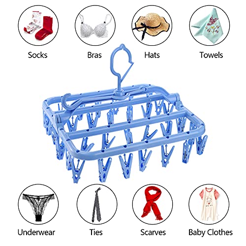 ZENFUN 3 Pack Foldable Laundry Hanger Drying Rack with 32 Clips, Plastic Laundry Clips and Drip Drying Hanger for Socks, Underwears, Towel, Scarf, Side Hanging, Anti-Wind, Blue