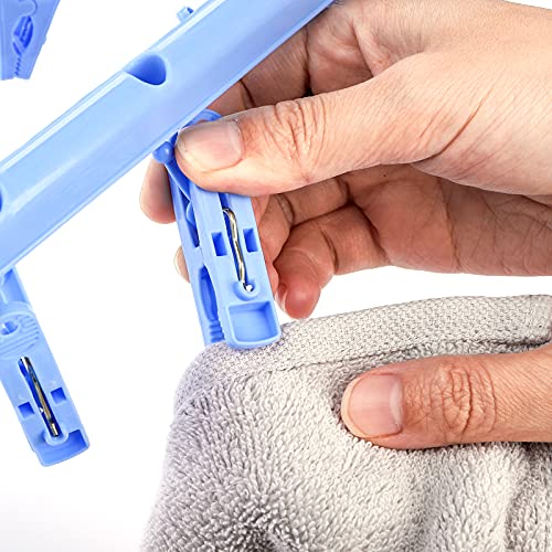 ZENFUN 3 Pack Foldable Laundry Hanger Drying Rack with 32 Clips, Plastic Laundry Clips and Drip Drying Hanger for Socks, Underwears, Towel, Scarf, Side Hanging, Anti-Wind, Blue