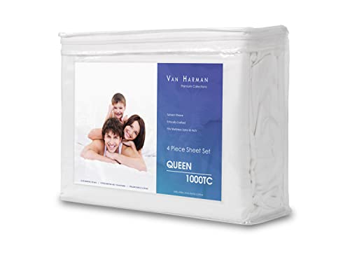 Van Harman 1000 Thread Count 100% Egyptian Cotton Bed Sheets 4 Pc Queen Bed Set Ivory, Sateen Weave Hotel Cotton Cotton Sheets, Single Ply Yarns, Luxury Collection, Fits mattress up to 16” Deep Pocket